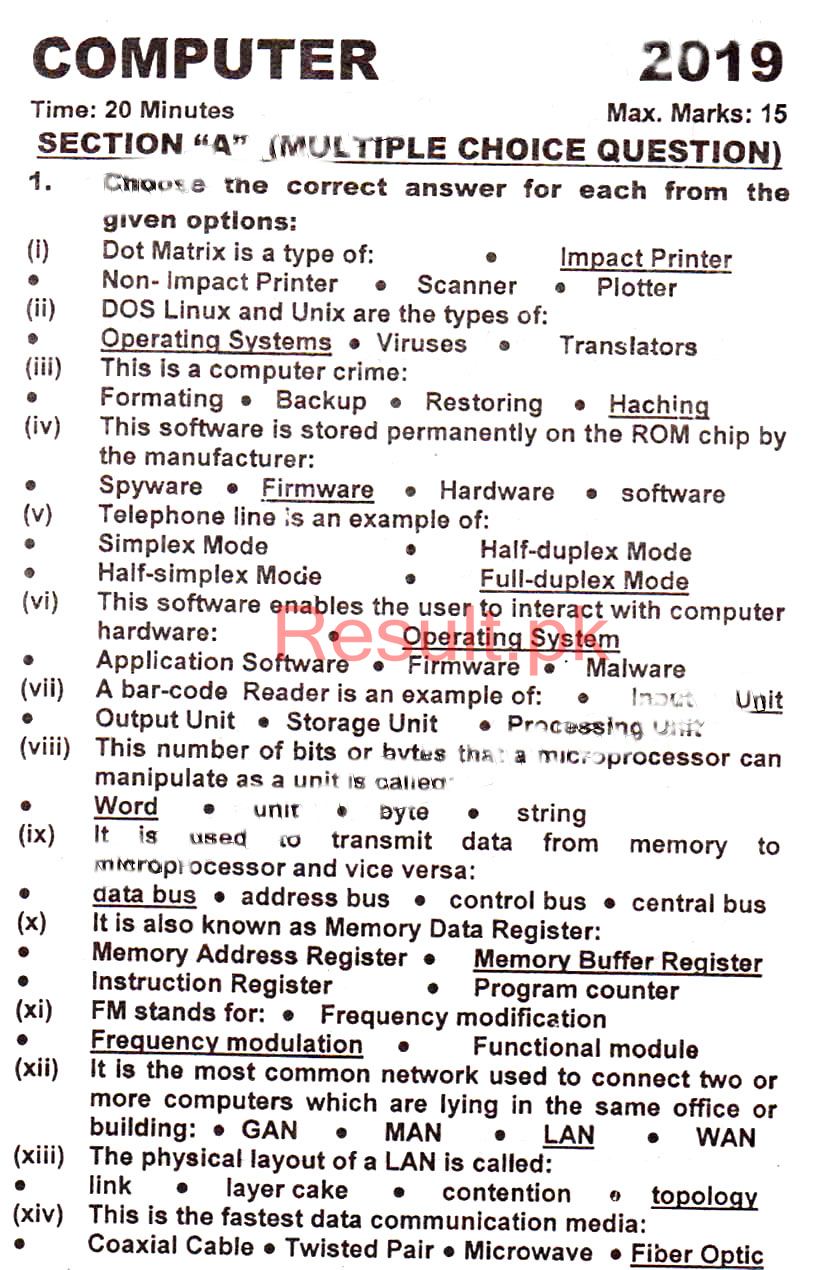 11th Class Computer Science Past Paper Sindh 2019 11th Class Computer Science Past Paper Sindh 2019