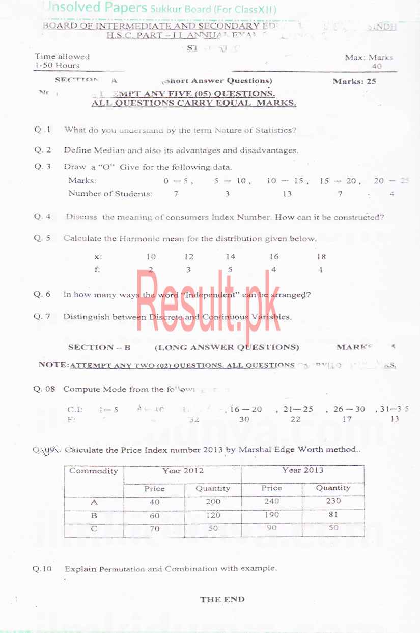 12th Class Statistics Past Paper Sindh 2019 12th Class Statistics Past Paper Sindh 2019