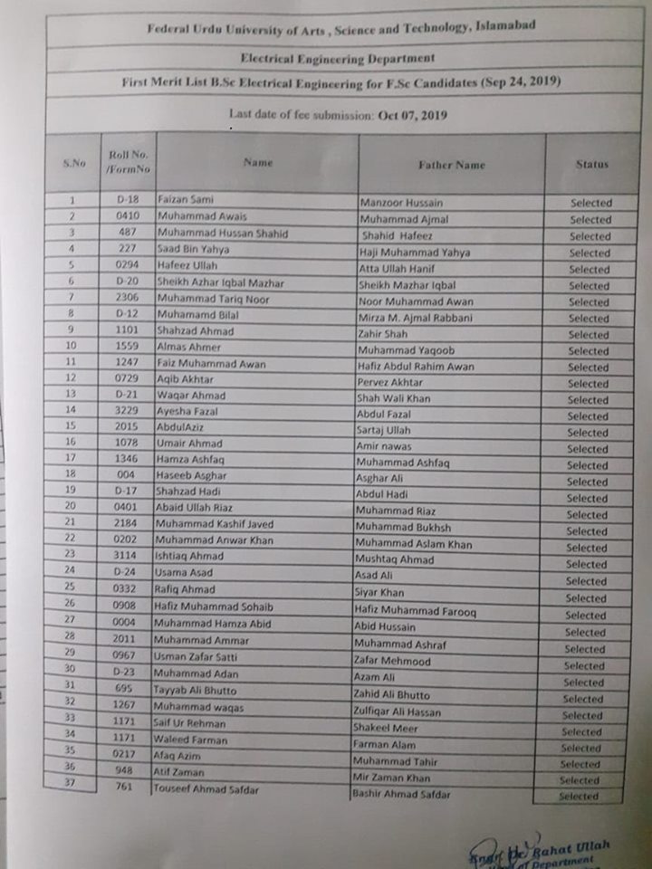 FUUAST BSc Electrical Engineering 1st merit list 2019 Result.pk
