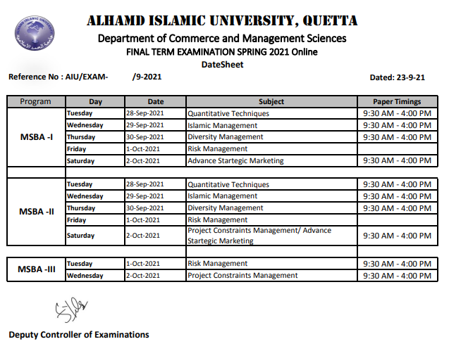 AIU Quetta MSBA Schedule Spring Online Final Term Exam 2021 Result.pk