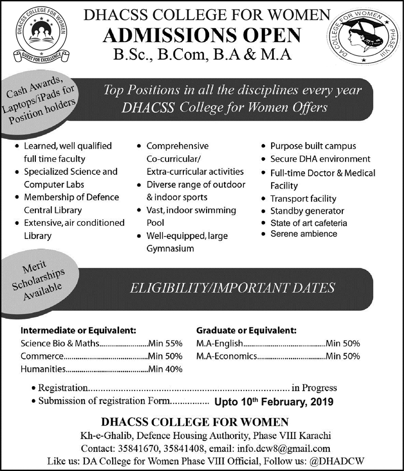 DHACSS College fro Women Admissions 2019 Result.pk