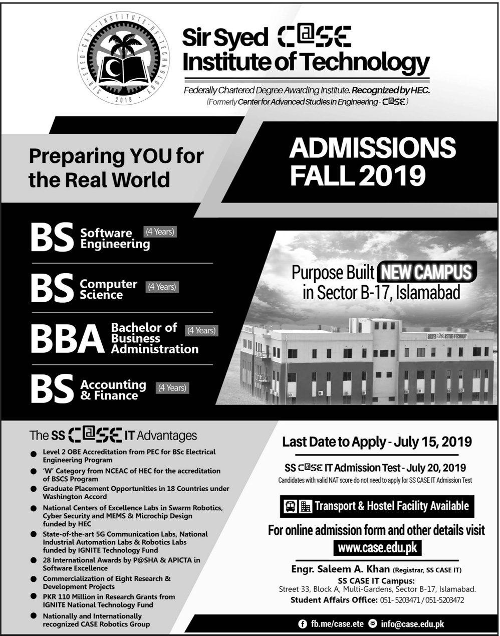 Sir Syed CASE Institute of Technology Admissions 2019 Result.pk