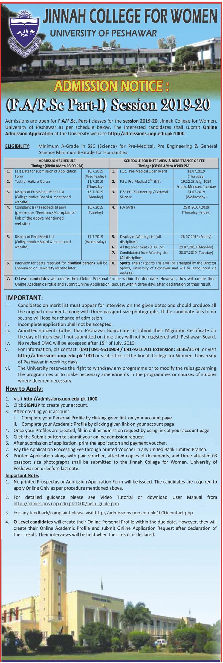 Jinnah College for Women Fa, FSc Admissions 2019 Result.pk