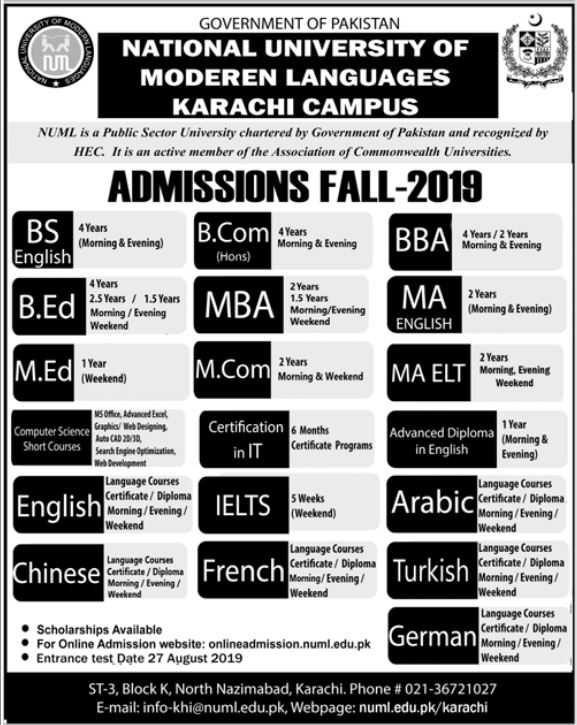 NUML BS Bed Med BBA B.Com admissions 2019 Result.pk