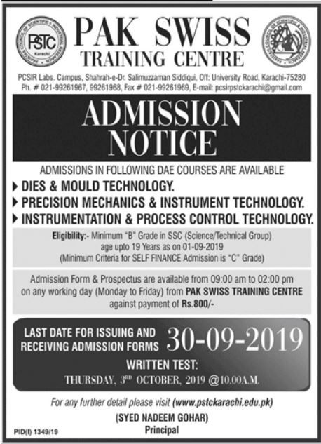Pak Swiss Training Center DAE admissions 2019 Result.pk