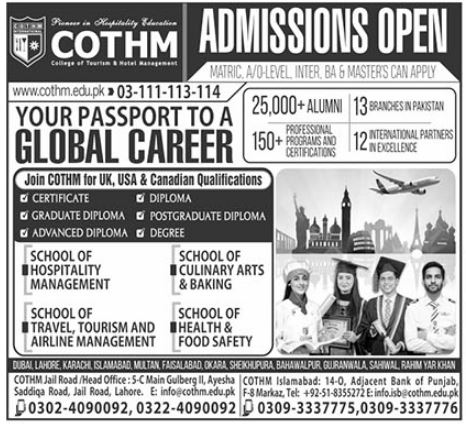 COTHM College of Tourism & Hotel Management Admission 2019 Result.pk