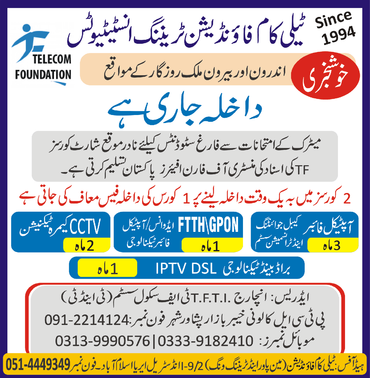 Telecom Foundation Training Institute Courses admission 2019 Result.pk