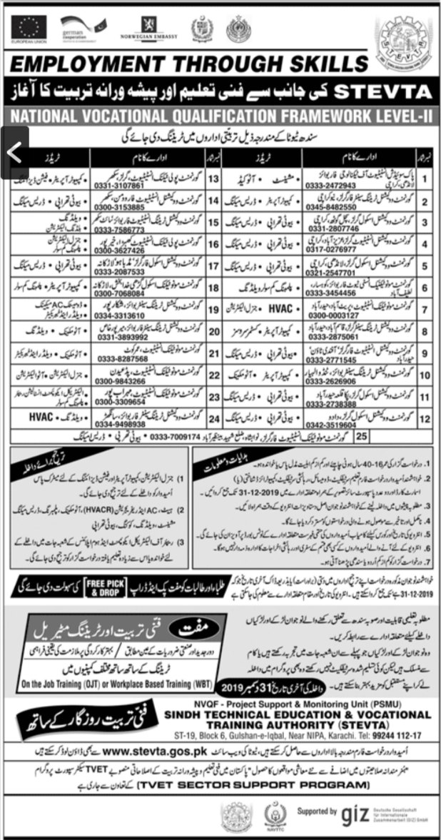 Sindh TEVTA Free Training Courses admissions 2020 Result.pk