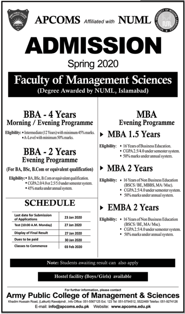 APCOMS Faculty of Management Sciences Admission 2020 Result.pk