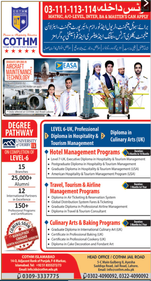 COTHM Various Courses Admission Session 2020 Result.pk