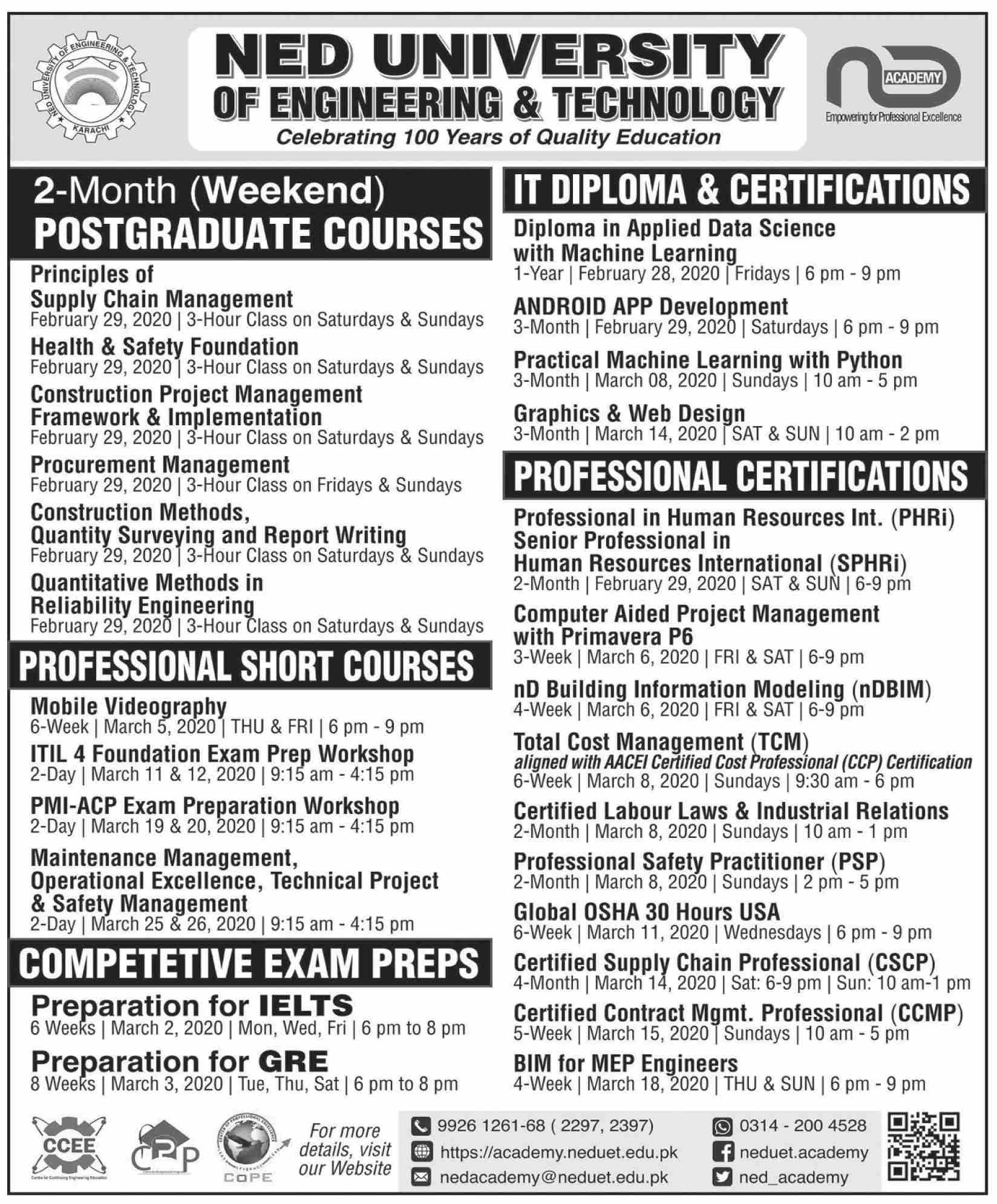 NED University Weekend Courses Admission 2020 Result.pk