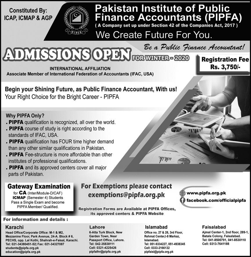 PIPFA Admissions 2020 for winter Result.pk