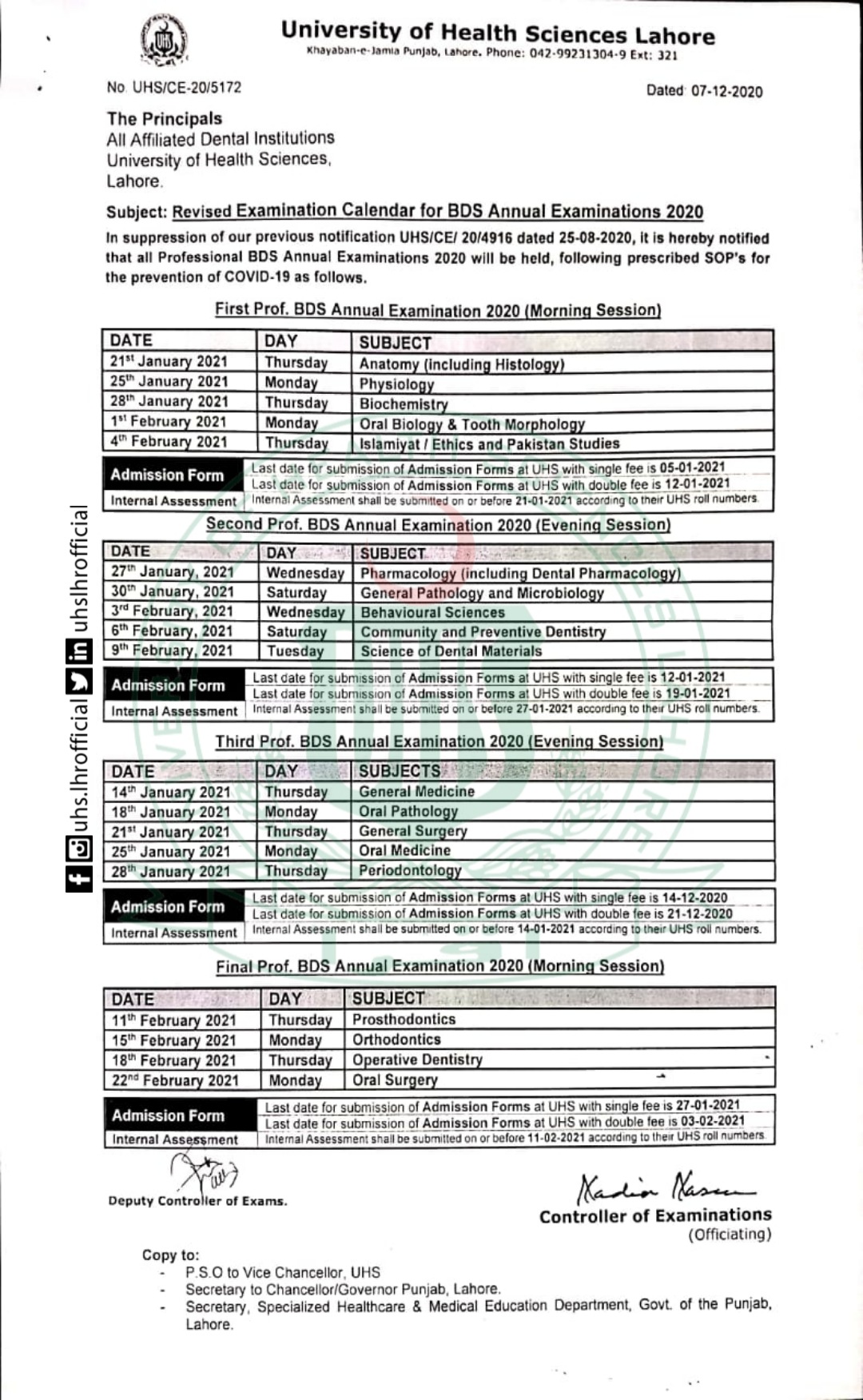 UHS MBBS BDS Revised Datesheet 2021 Result.pk
