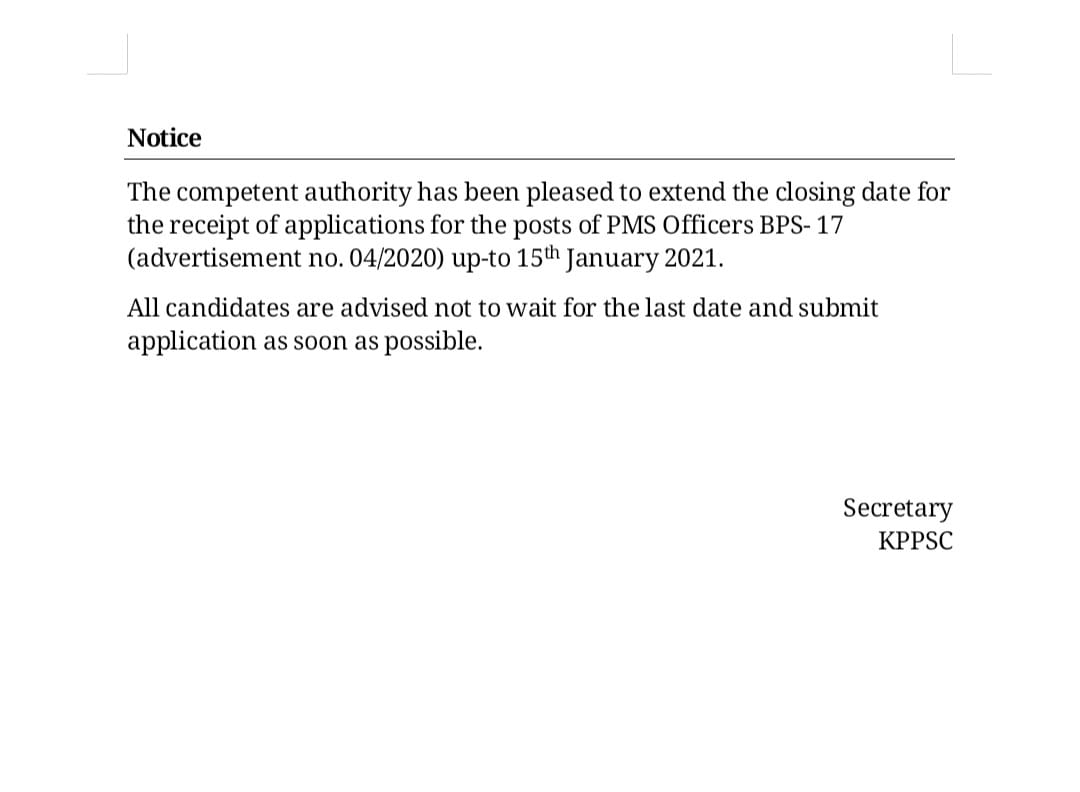 KPPSC PMS Officers Application Submission Schedule 2020 Result.pk