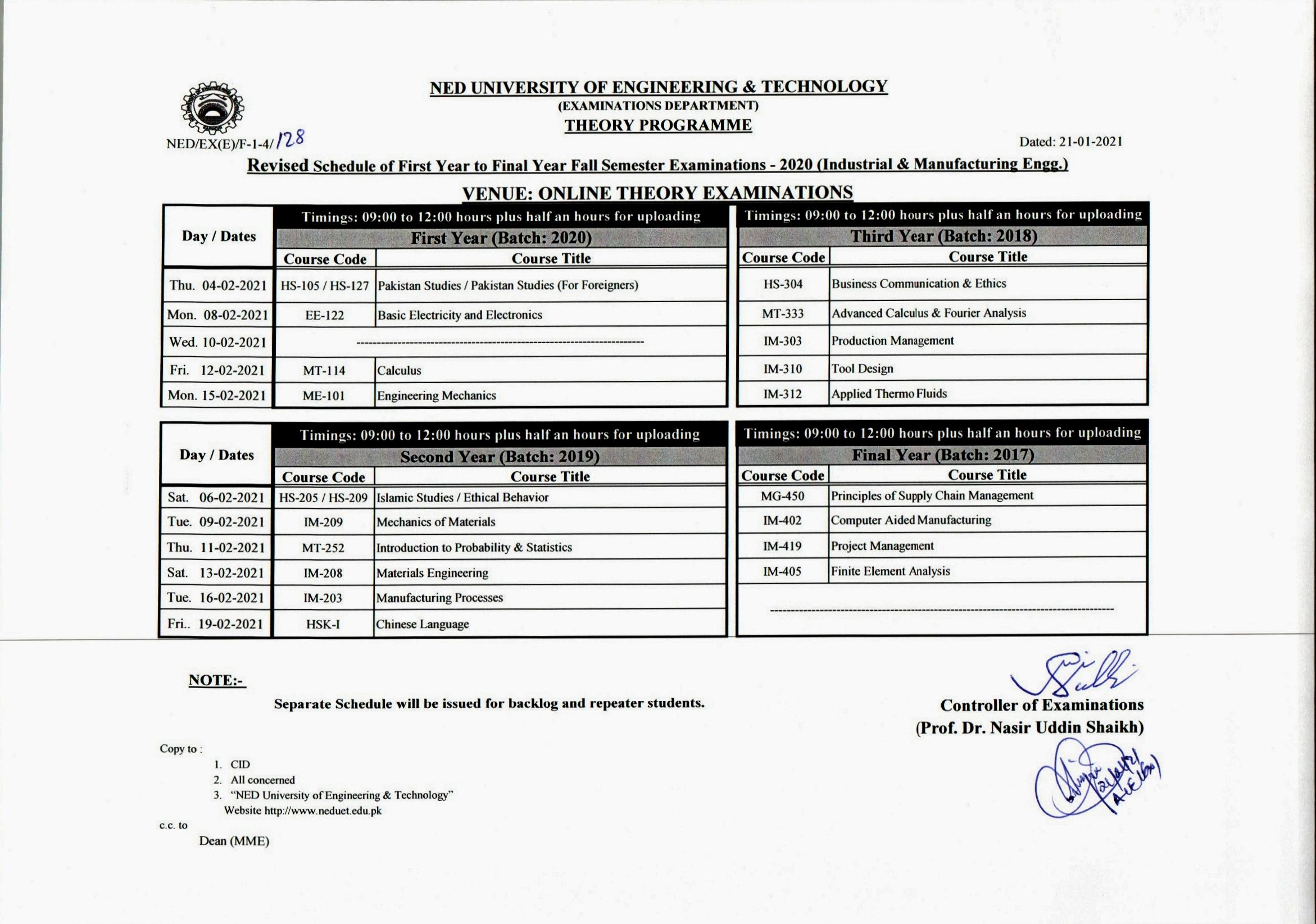 NED University of Engineering & Tech Karachi B.A Date Sheet Result.pk