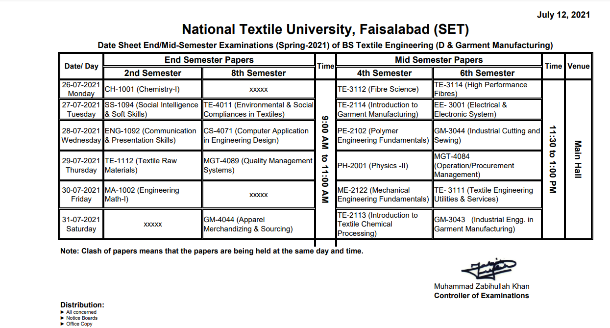 NTU Faisalabad BS Textile Engg D & Garment Schedule 2020 Result.pk