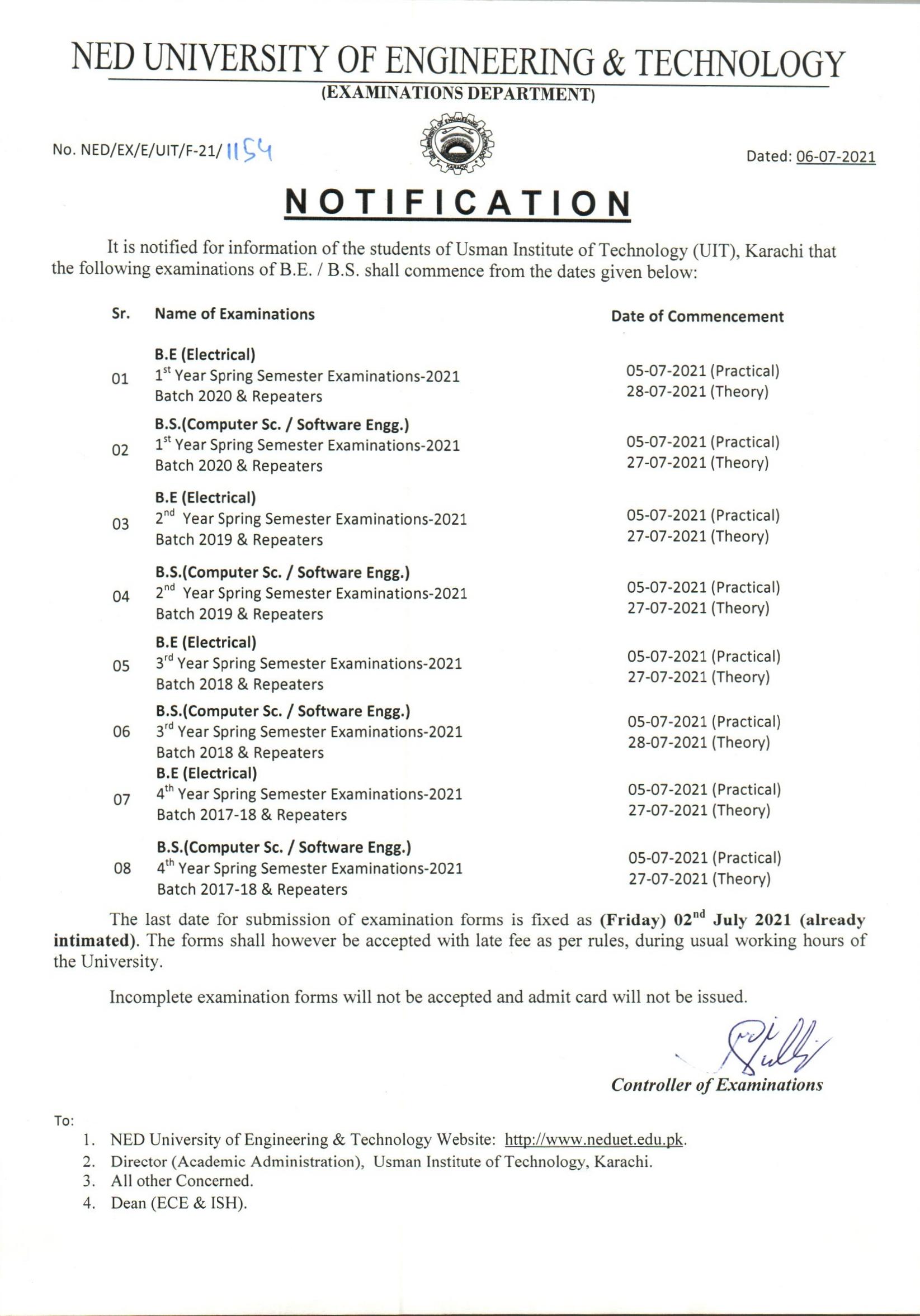 NED Uni Karachi announced BE & BS Schedule Exam 2021 Result.pk
