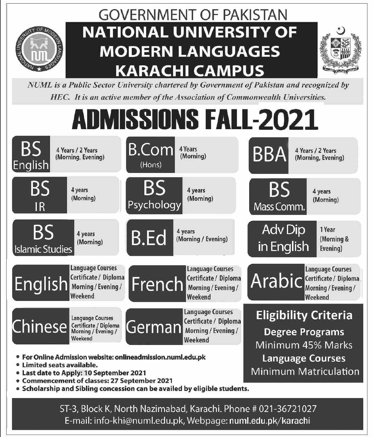 Numl Karachi BS BBA B.Com & Language Courses Admissions 2021 Result.pk