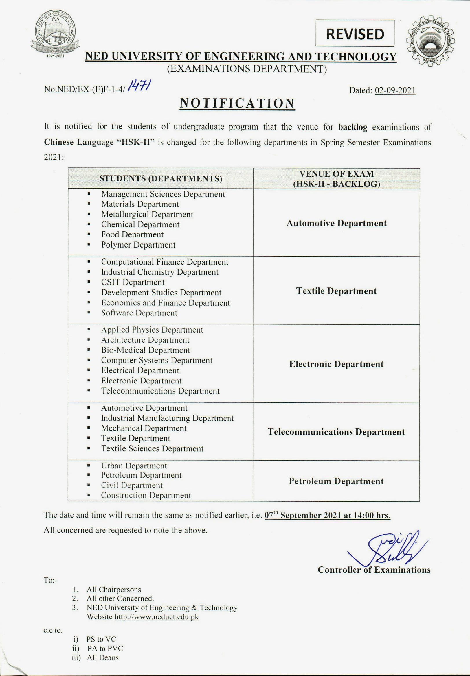 NED Uni Karachi HSK-II Backlog Revised Schedule Exam 2021 Result.pk