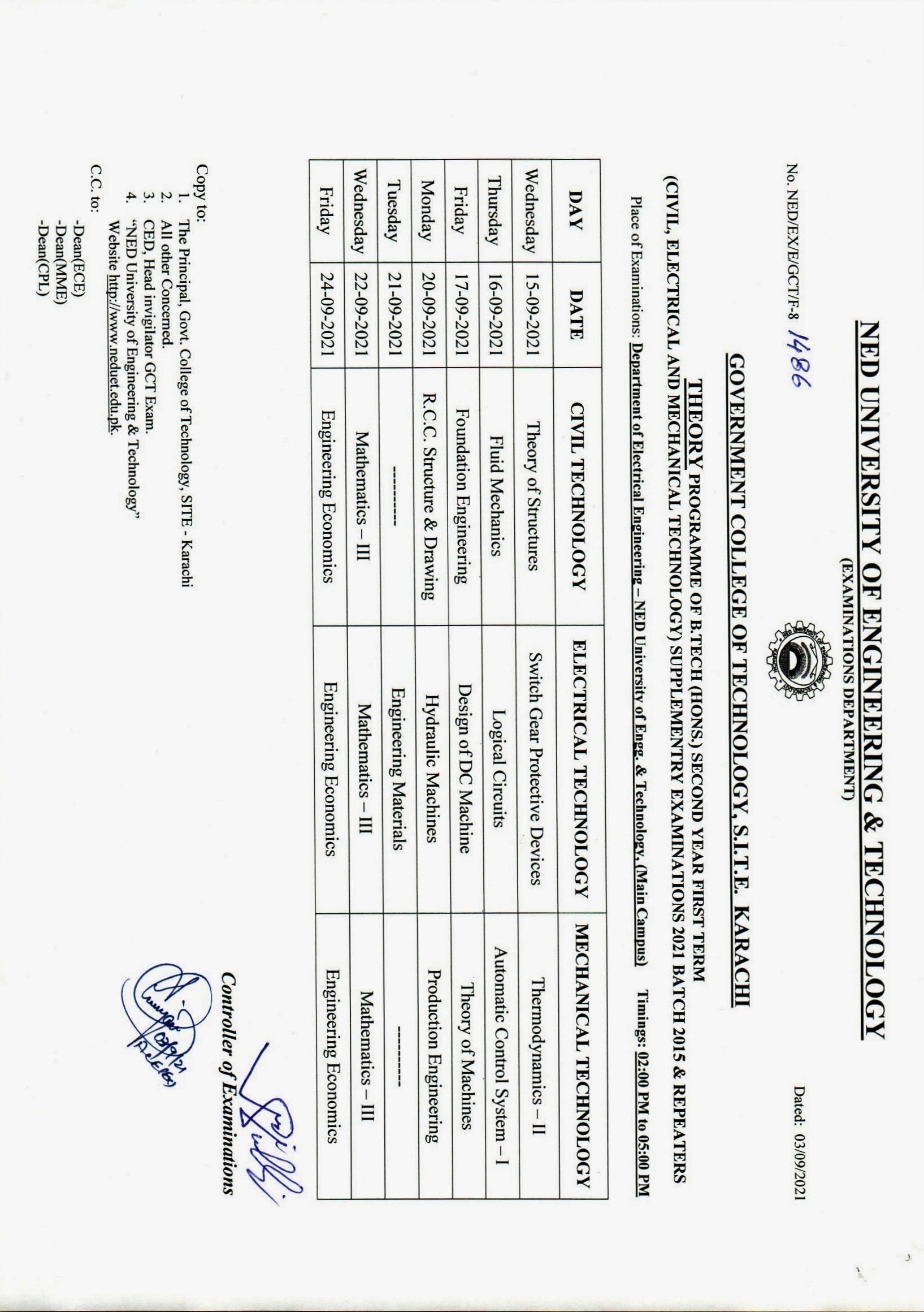 NED Uni Karachi B.Tech Date Sheet Supply Exam 2021 Result.pk
