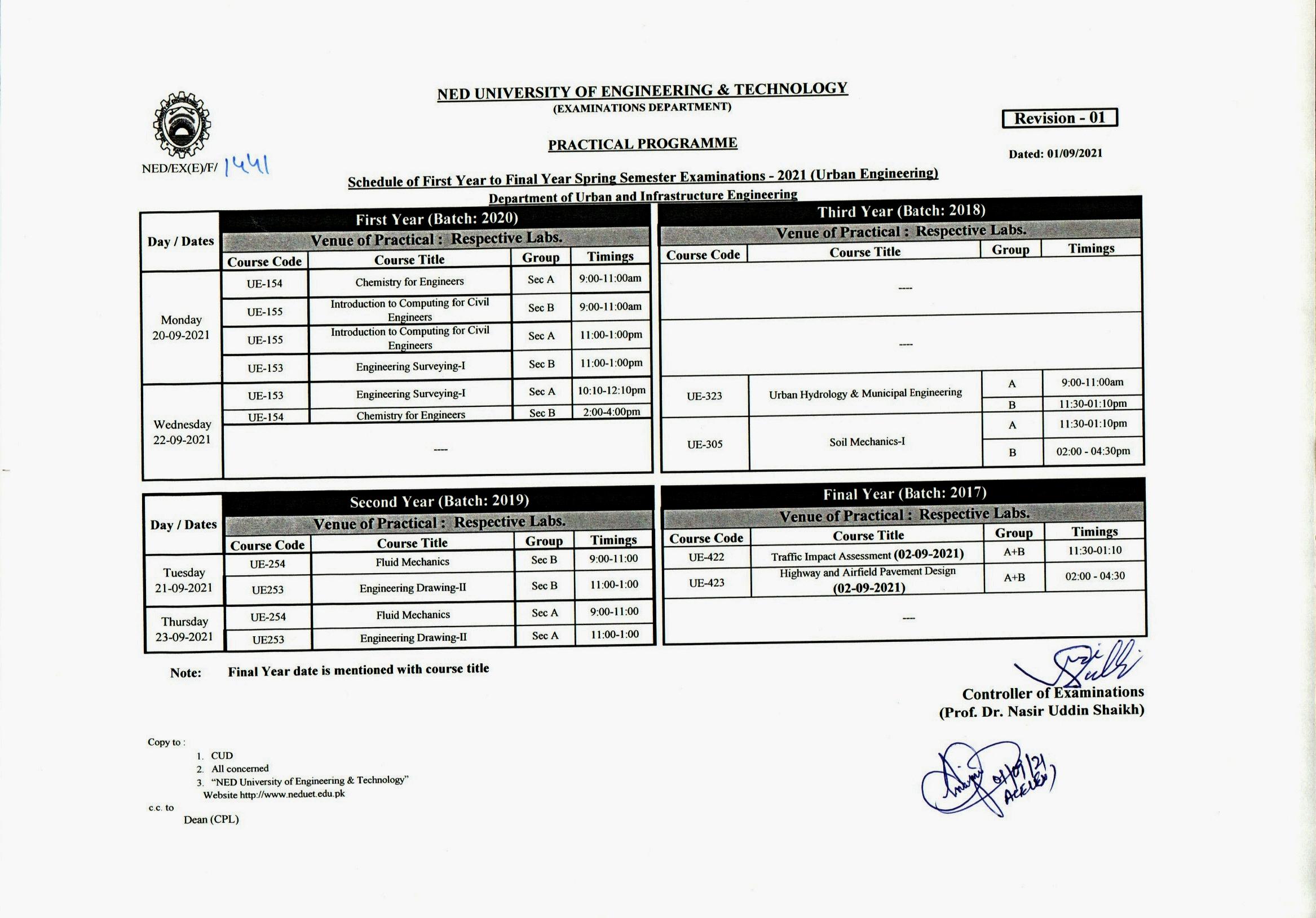 NED Uni Karachi BE Urban Engg Schedule Spring Exam 2021 Result.pk