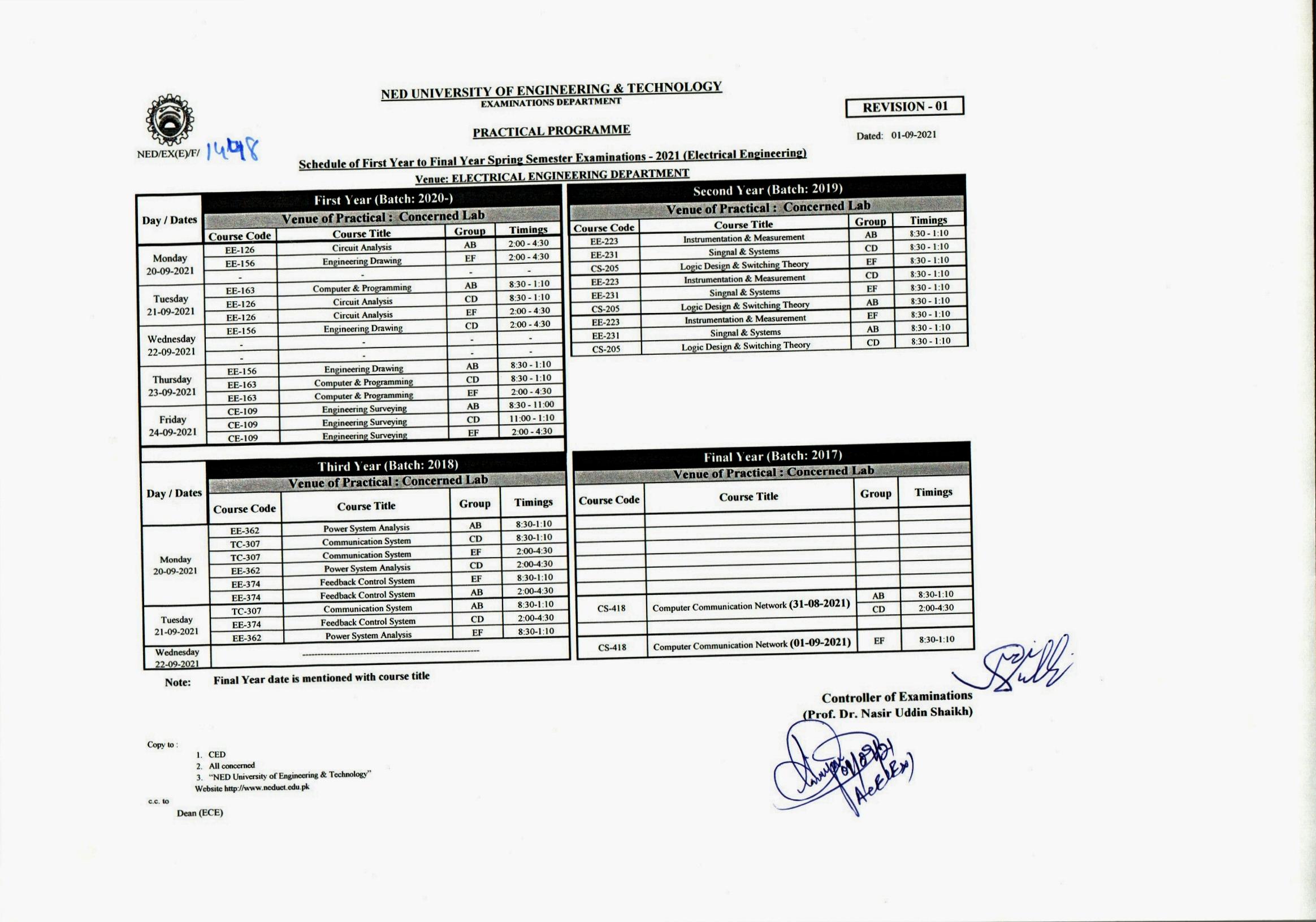 NED Uni Karachi BE Electrical Engg Schedule Spring Exam 2021 Result.pk