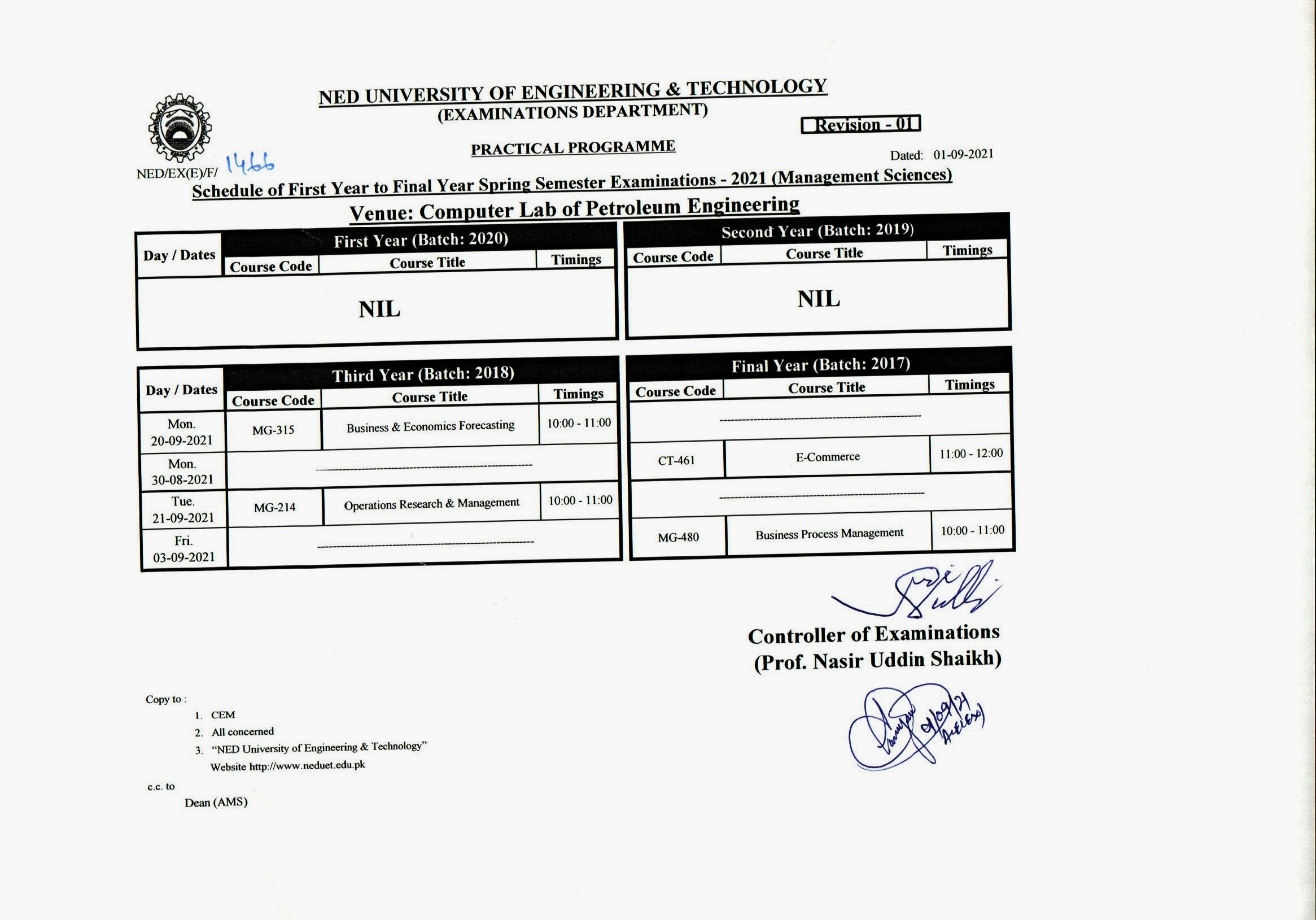 NED Uni Karachi BS Management Sci Schedule Spring Exam 2021 Result.pk