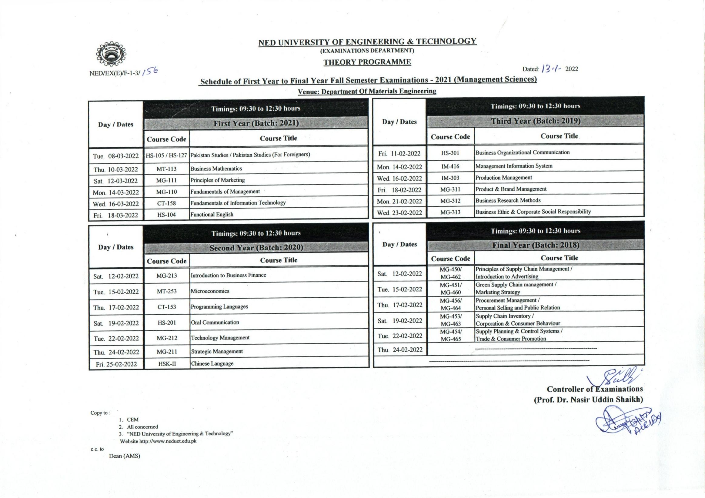 NED University BS Management Sciences Fall Exams 2021 Datesheet 2022 ...