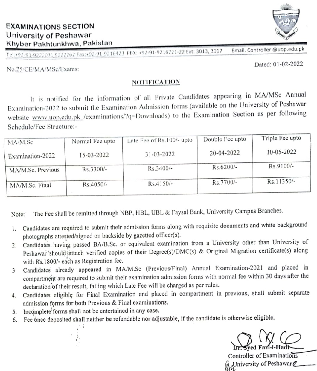Uop Ma Msc Annual Exams 2022 Forms Schedule Result Pk