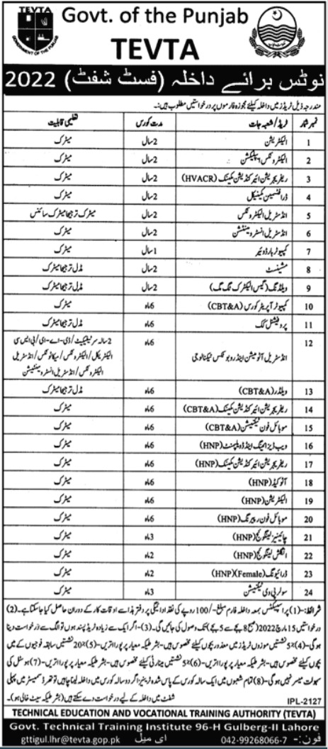 TEVTA Admissions Courses 2022 Result.pk