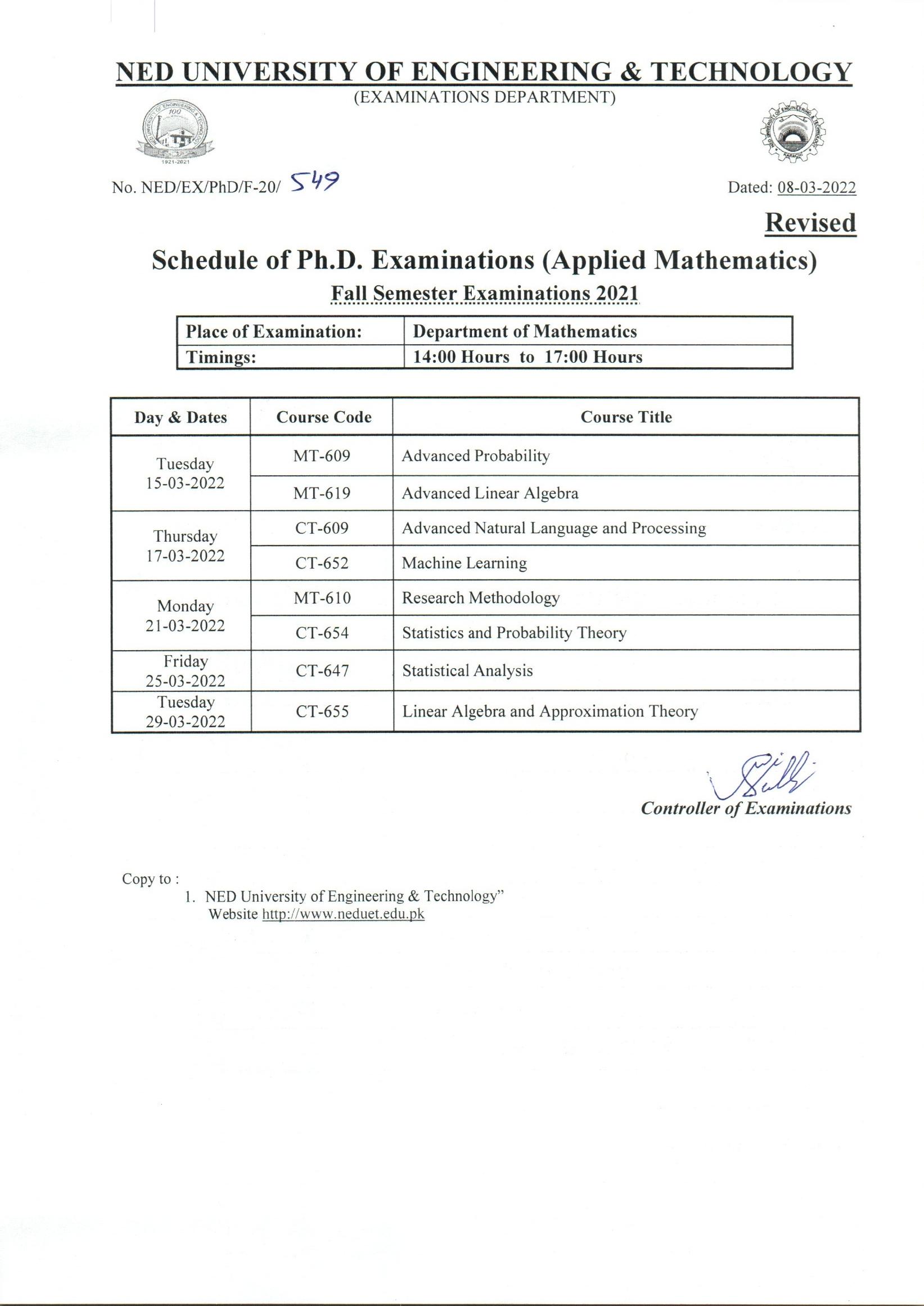 NEDUET PhD Applied Mathematics Fall Semester Exams 2021 Schedule 2022 ...