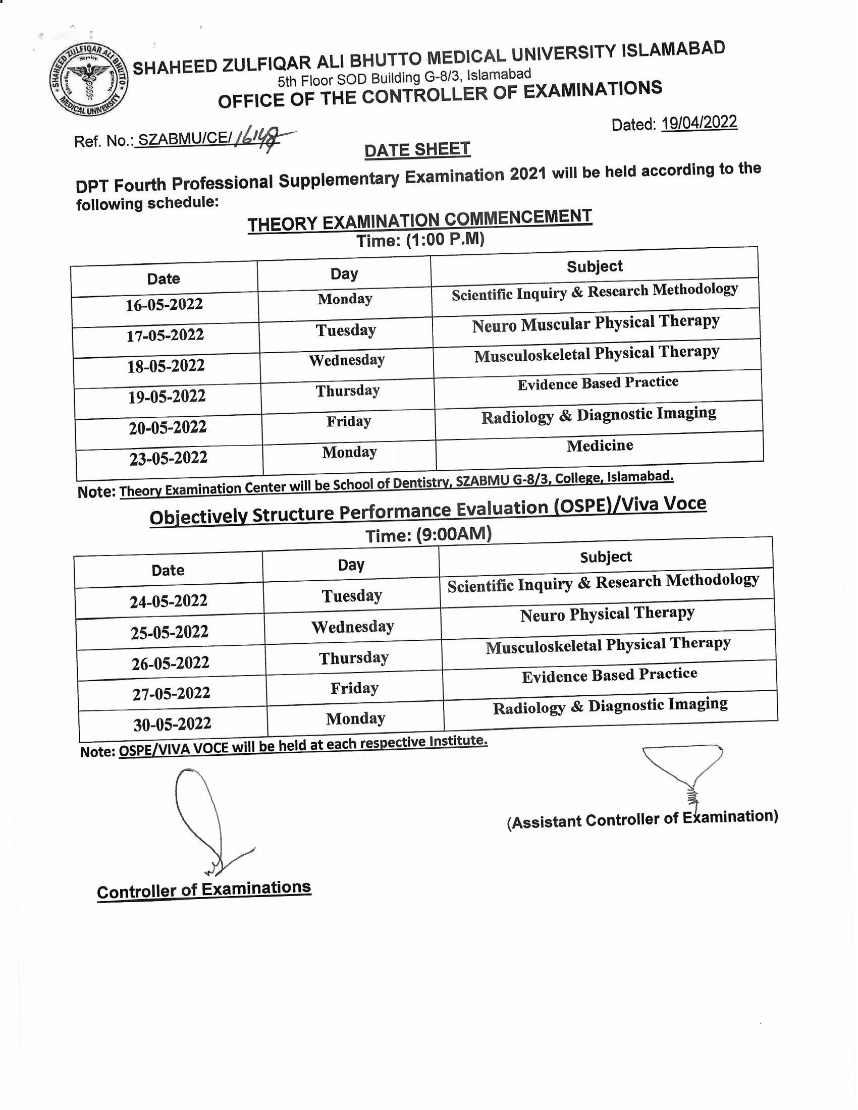 SZABMU DPT Fourth Prof Supply Exam 2021 Schedule 2022 Result.pk