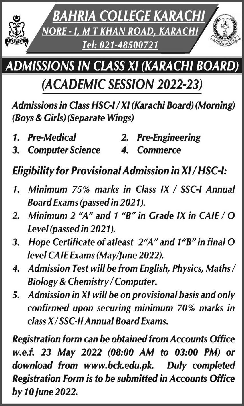Bahria College Karachi Class XI Admissions 2022 Result.pk
