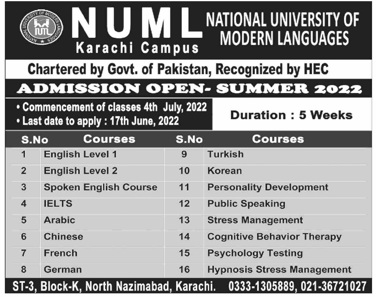 NUML Karachi Language Courses Admissions 2022 Result.pk NUML Karachi Language Courses Admissions 2022 Result.pk