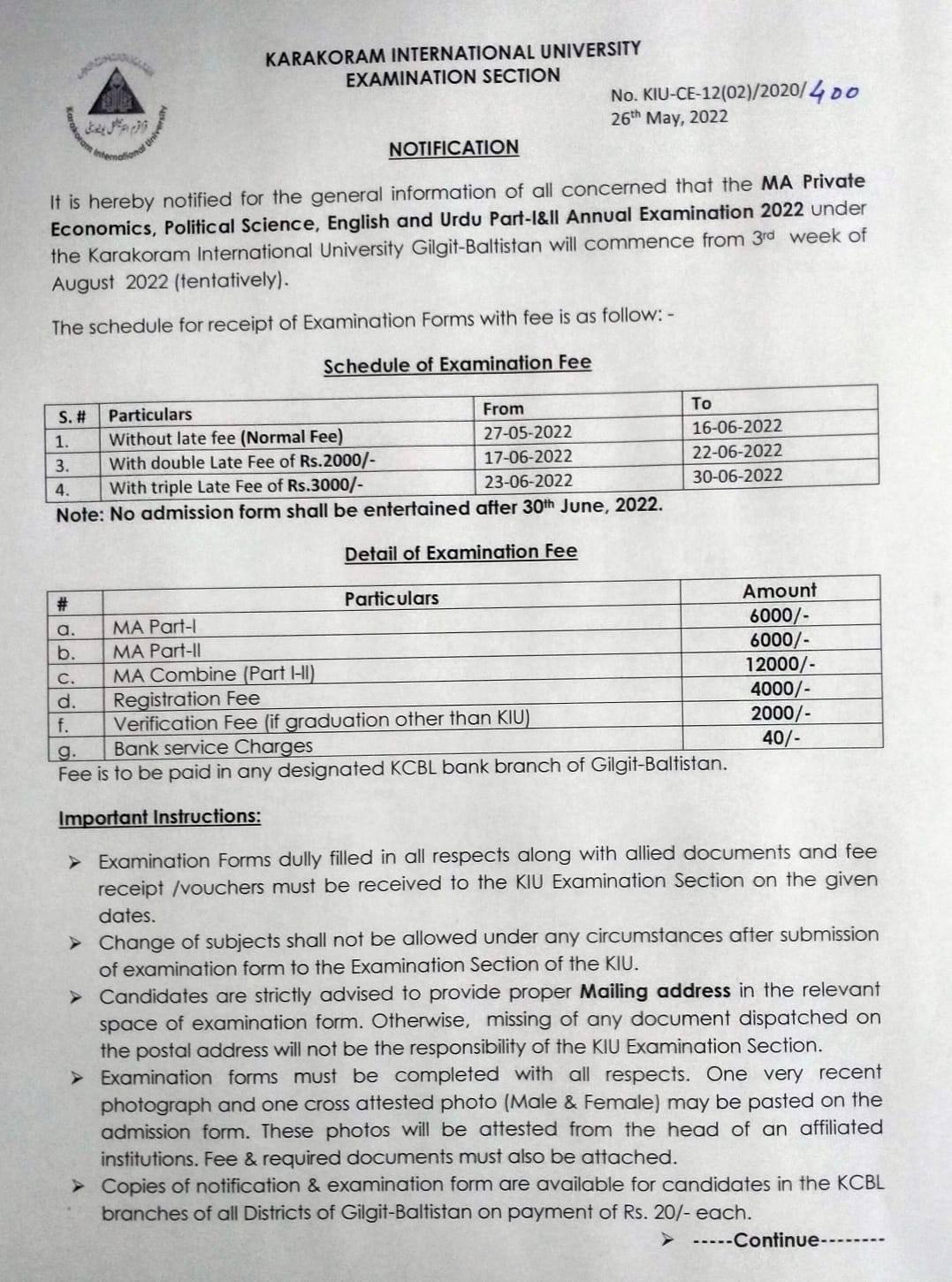 KIU MA Private Annual Exam 2021 Forms Submission Schedule 2022 Result.pk