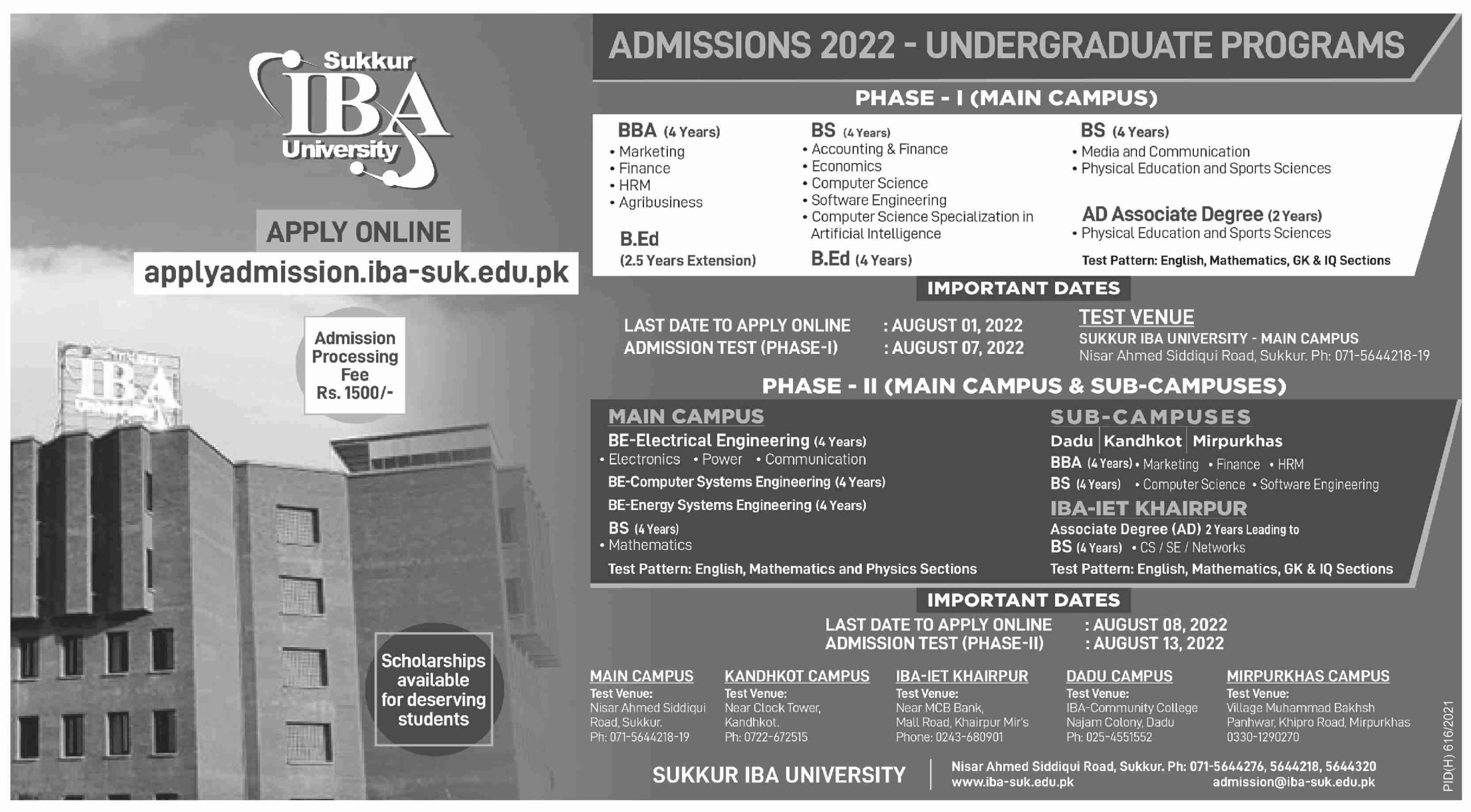 Sukkur IBA University BS & BBA Admissions 2022 Result.pk