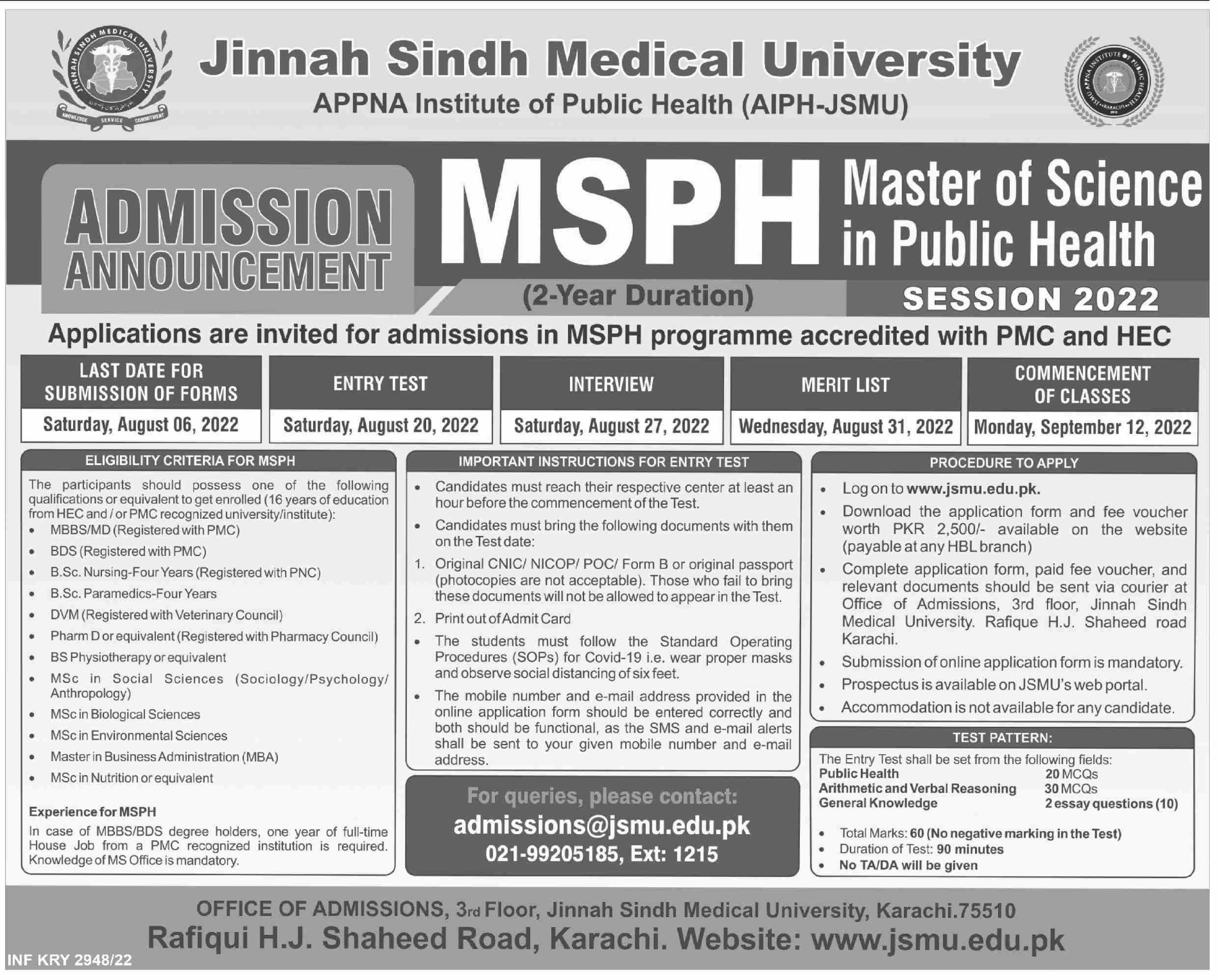 JSMU MSPH Admissions 2022 Result.pk