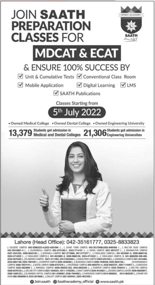 SAATH MDCAT & ECAT Admissions 2022 Result.pk