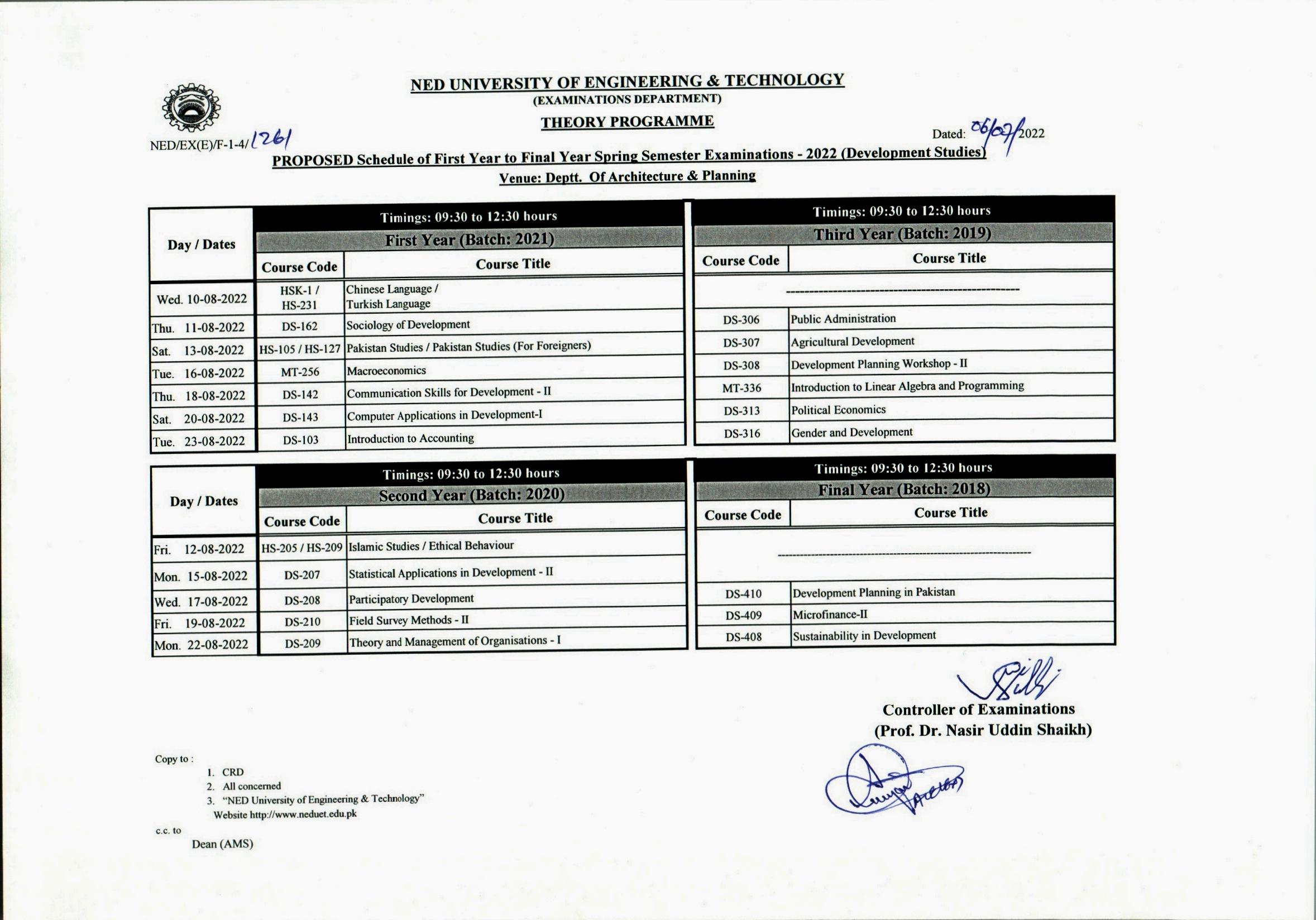 NEDUET BS Development Studies Fall Practical Exams Schedule 2022 Result.pk