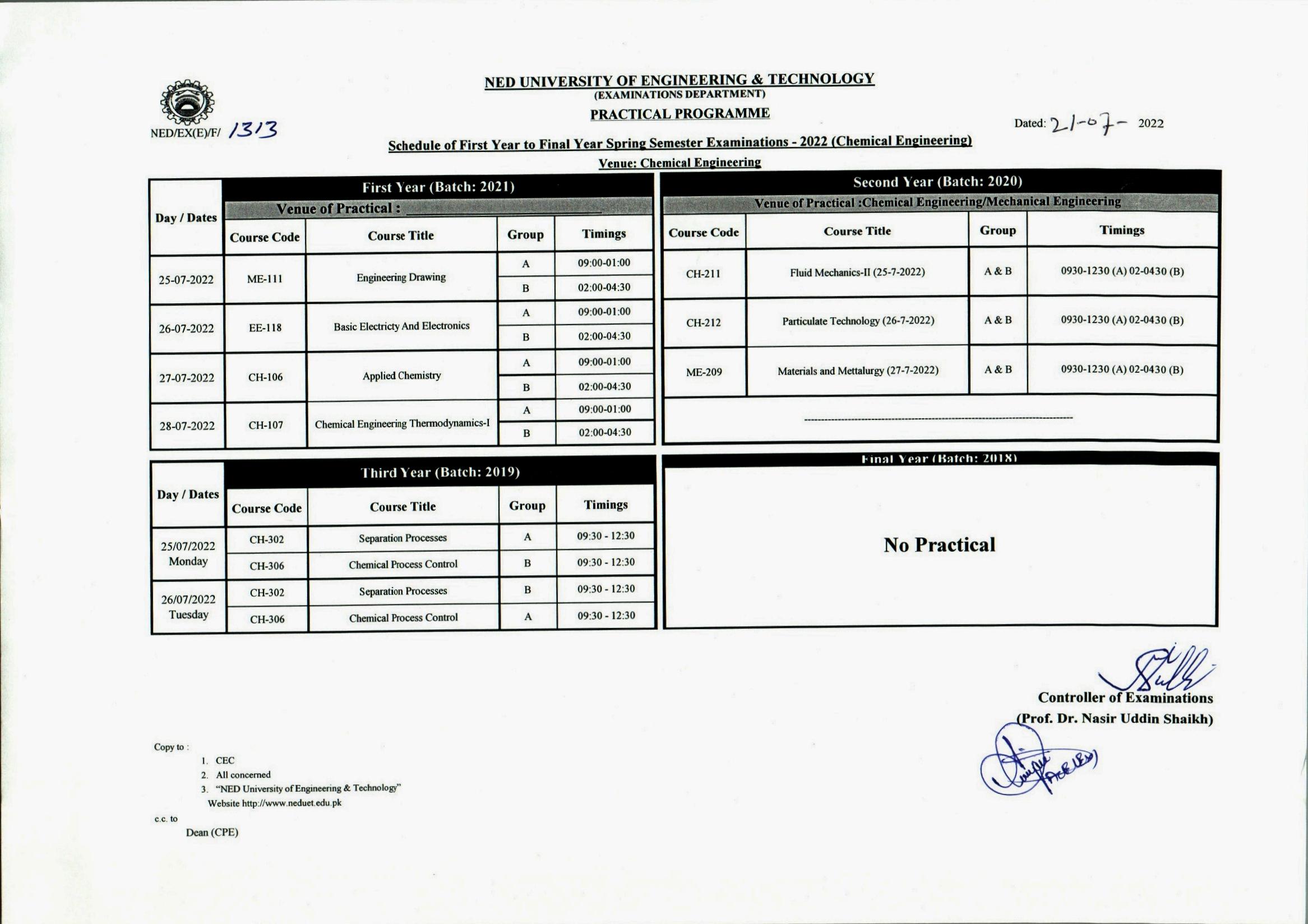 NED University BE Chemical Engineering Practical Exams 2022 Datesheet ...
