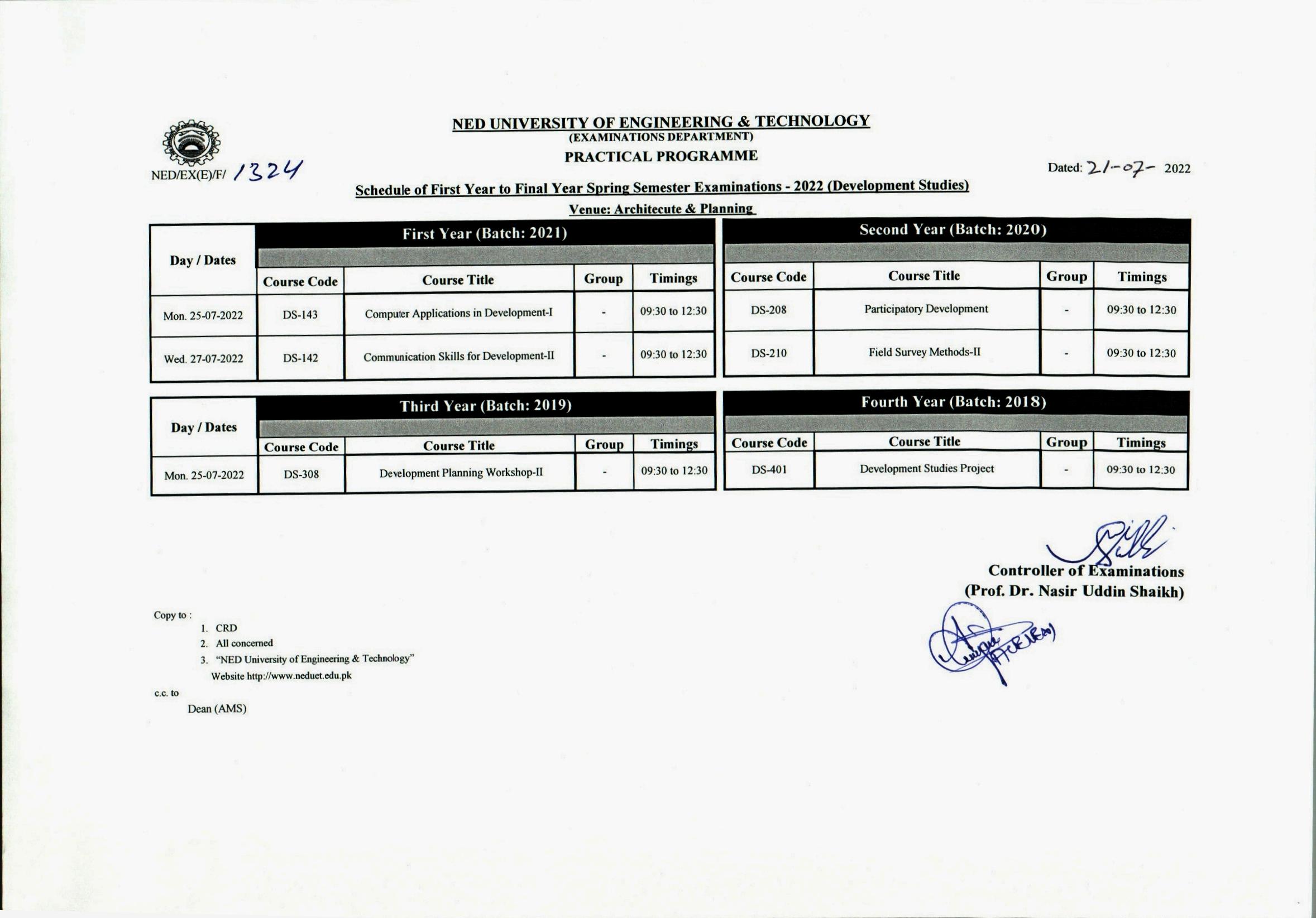 NED University BS Development Studies Practical Exams Datesheet 2022 ...