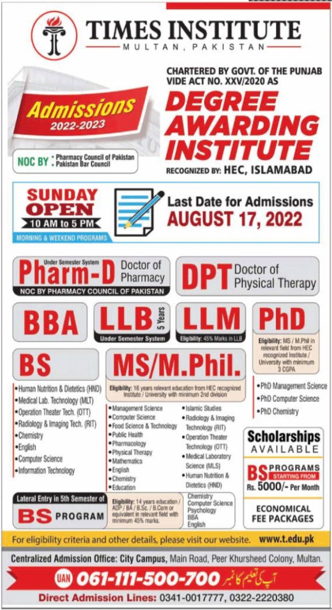 Times Institute BBA LLB LLM PhD Admissions 2022 Result.pk