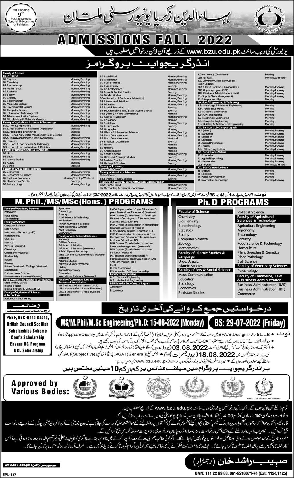 BZU Undergraduate & Postgraduate Admissions 2022 Result.pk