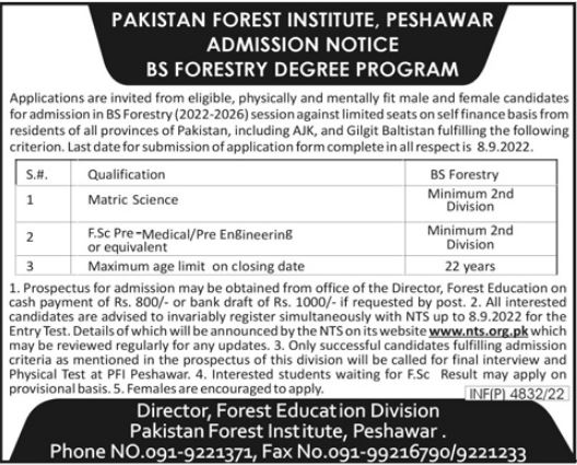 Pakistan Forest Institute Peshawar BS Forestry Degree Admission 2022 26 ...