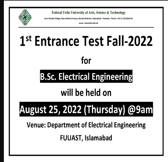 FUUAST BSc Electrical Engineering 1st Entry Test 2022 Schedule Result.pk