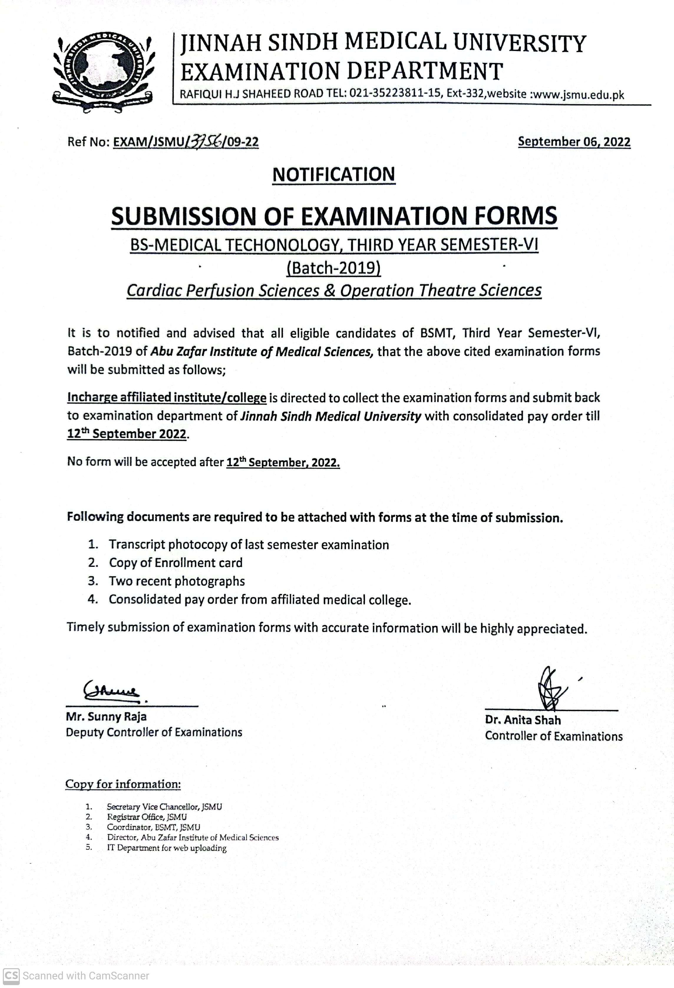 JSMU Third Year BS Medical Technology Exam Forms Submission Schedule ...