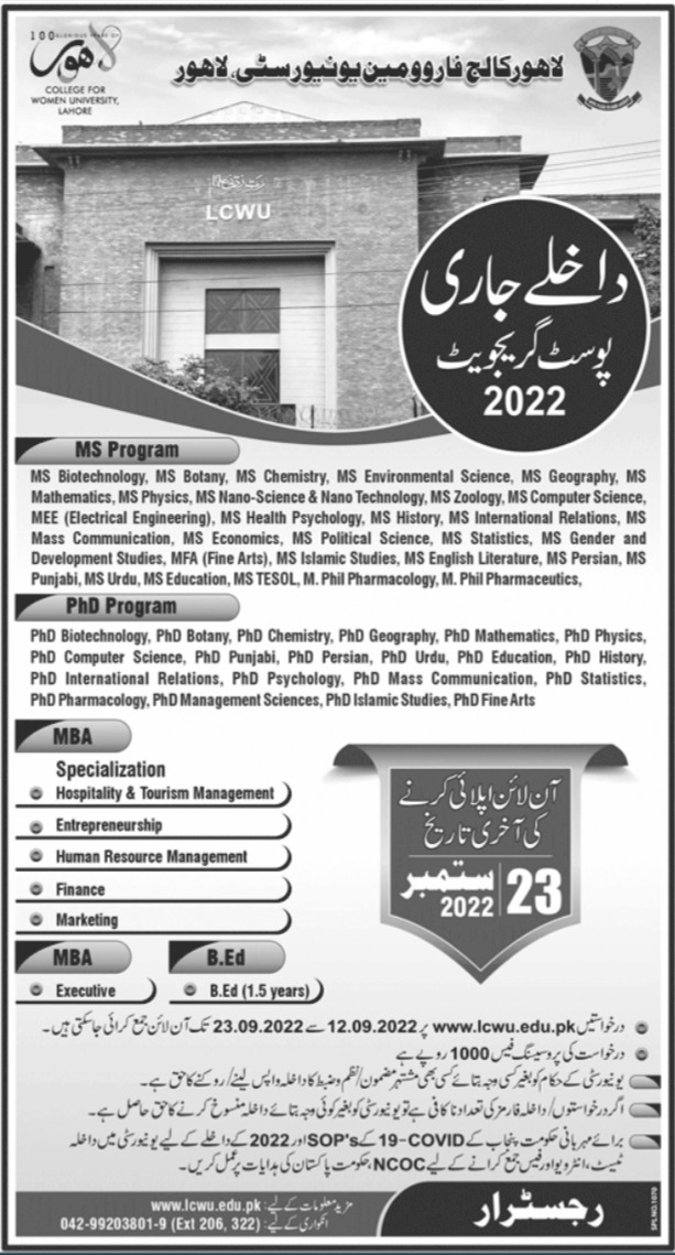 PhD and Master Programs in Lahore College for Women University Result.pk