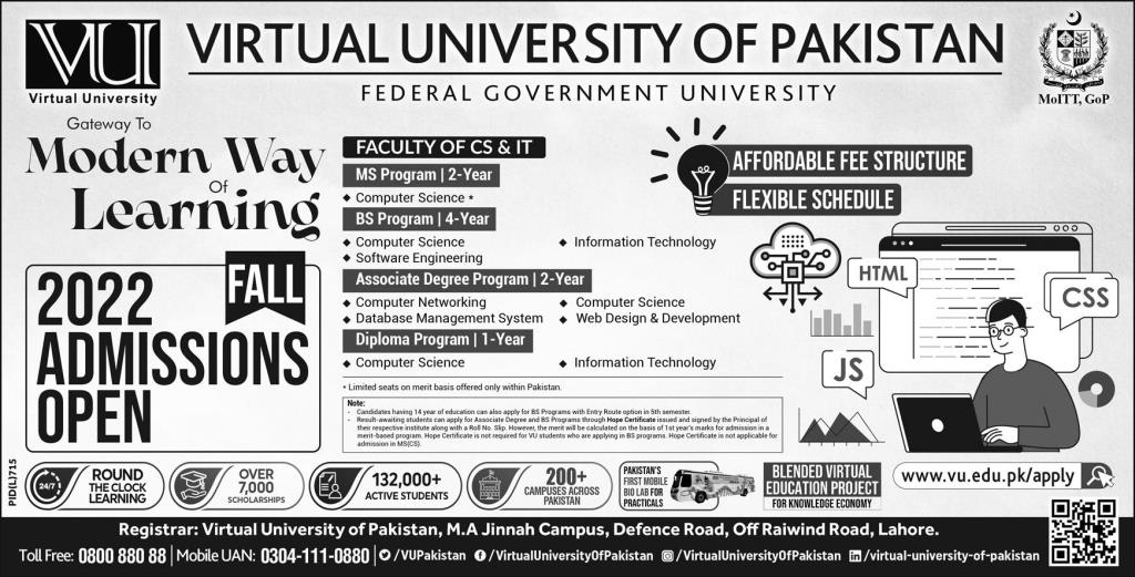 Virtual University of Pakistan MS Programs admissions 2022 Result.pk
