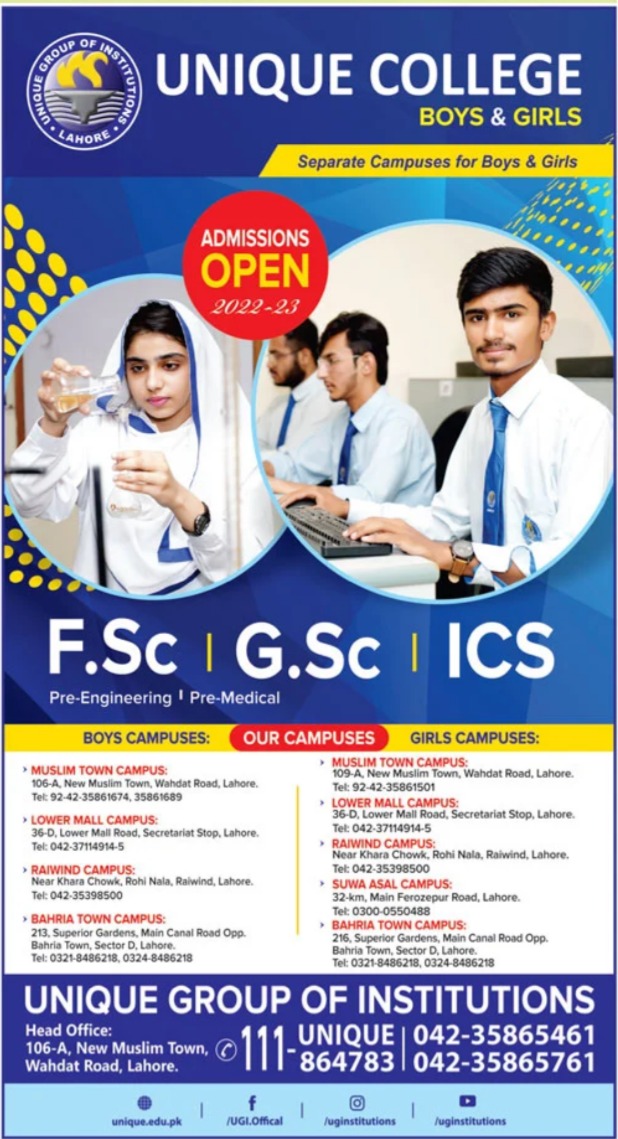 Intermediate Admissions in Unique College Result.pk