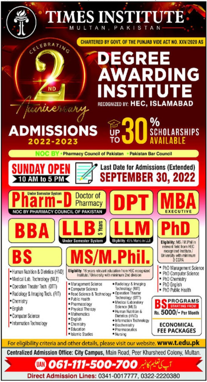 BBA and MBA Admissions in Times Institute Result.pk